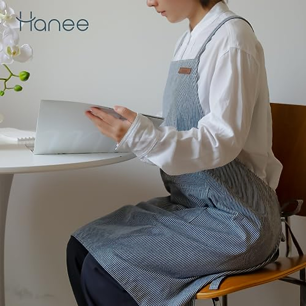 HANEE Cross-Back Apron for Men and Women, Cotton Canvas Apron with Stripes (3 Colors) (Navy Blue)