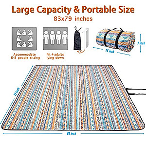 PY SUPER MODE Picnic Blankets Extra Large, Waterproof Foldable Outdoor Beach Blanket Oversized 83x79” Sandproof, 3-Layer Picnic Mat for Camping, Hiking, Travel, Park, Concerts(Orange Boho)