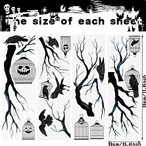 Seajan 4 Sheets Halloween Wall Decals Halloween Black Wall Stickers Black Tree Crow Cage Wall Decals Large Halloween Wall Decals Halloween Home Decor DIY Art for Wall Window Door (Birdcage, Crow)