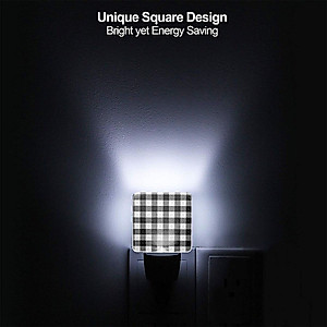Night Light 2 Pack White and Black Buffalo Check Plaid Classic Led Lamp Plug in Wall Auto Dusk to Dawn Sensor Nightlight Decorative Bedroom, Toilet, Kids Room, Nursery, Hallway, Stairway, Bathroom