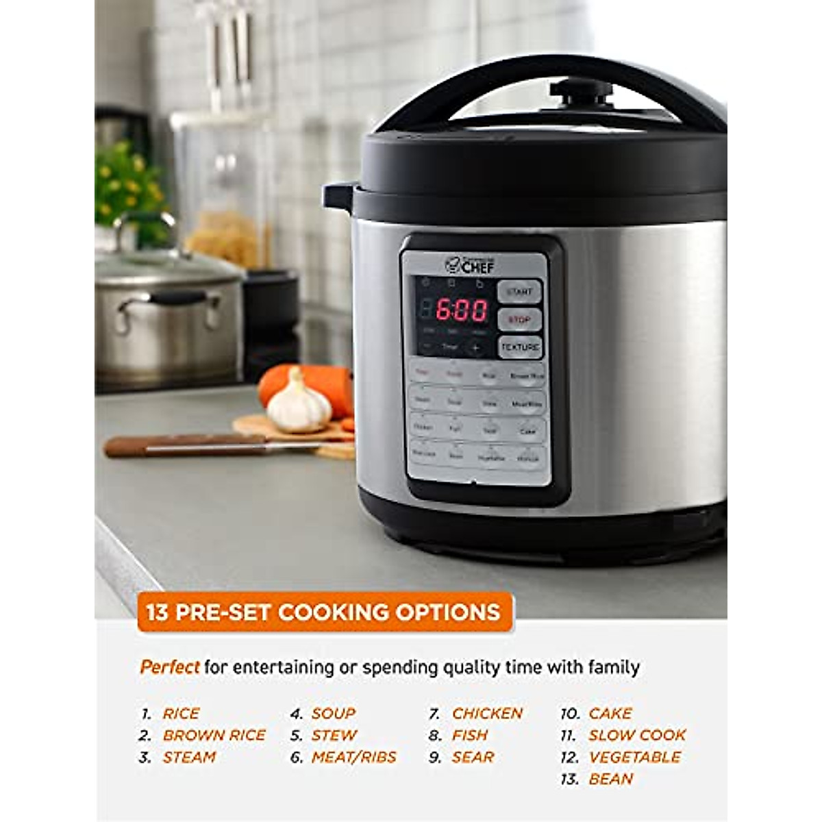 Commercial Chef Electric Pressure Cooker 6.3 Quarts, 24-Hour Preset Timer, Stainless Steel Interior with Safety Features