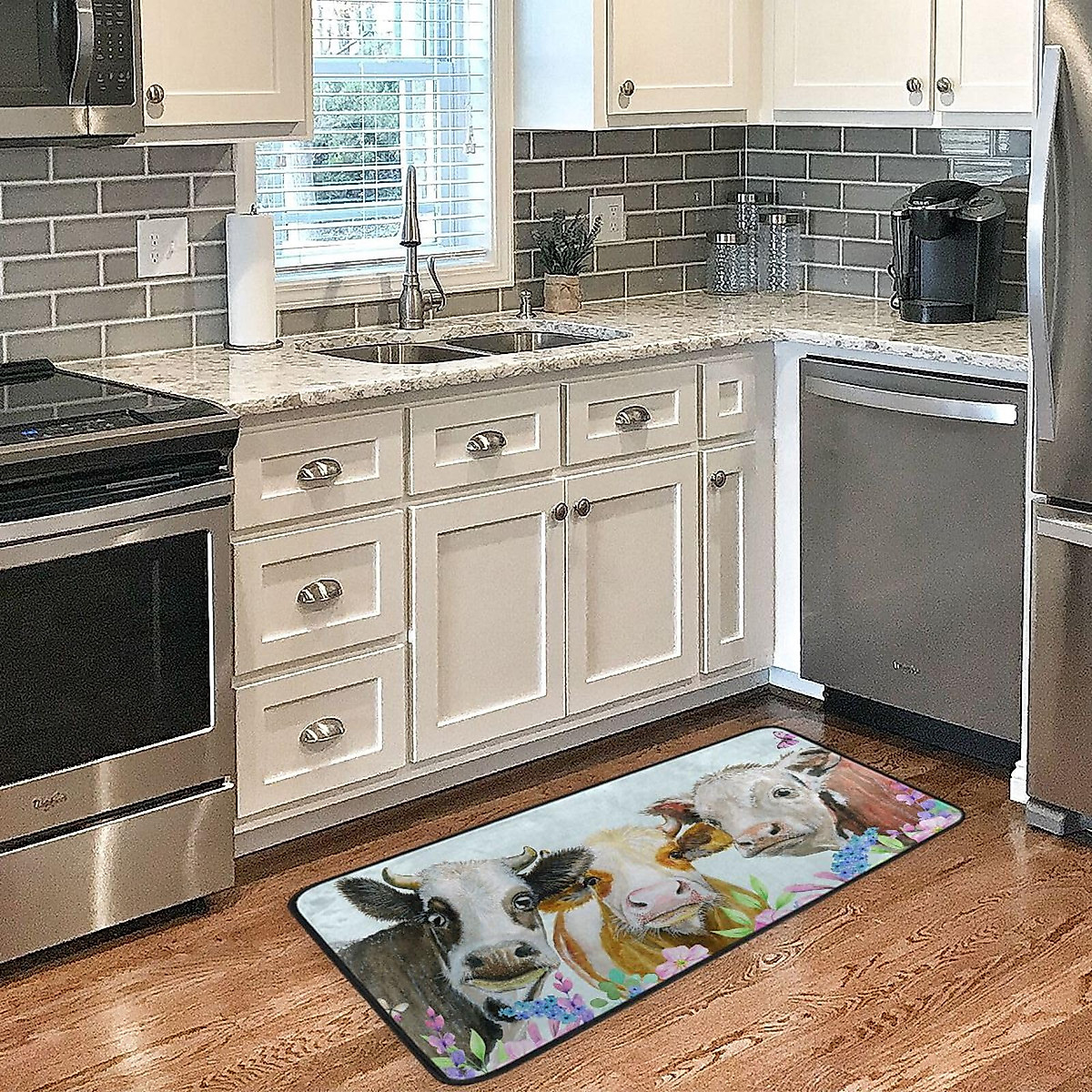AGONA Anti Fatigue Kitchen Mat Kitchen Rugs Non Slip Soft Standing Mats Absorbent Floor Mat Bath Rug Runner Area Rug Carpet for Home Decor Indoor Outdoor, Cows Animals Flowers