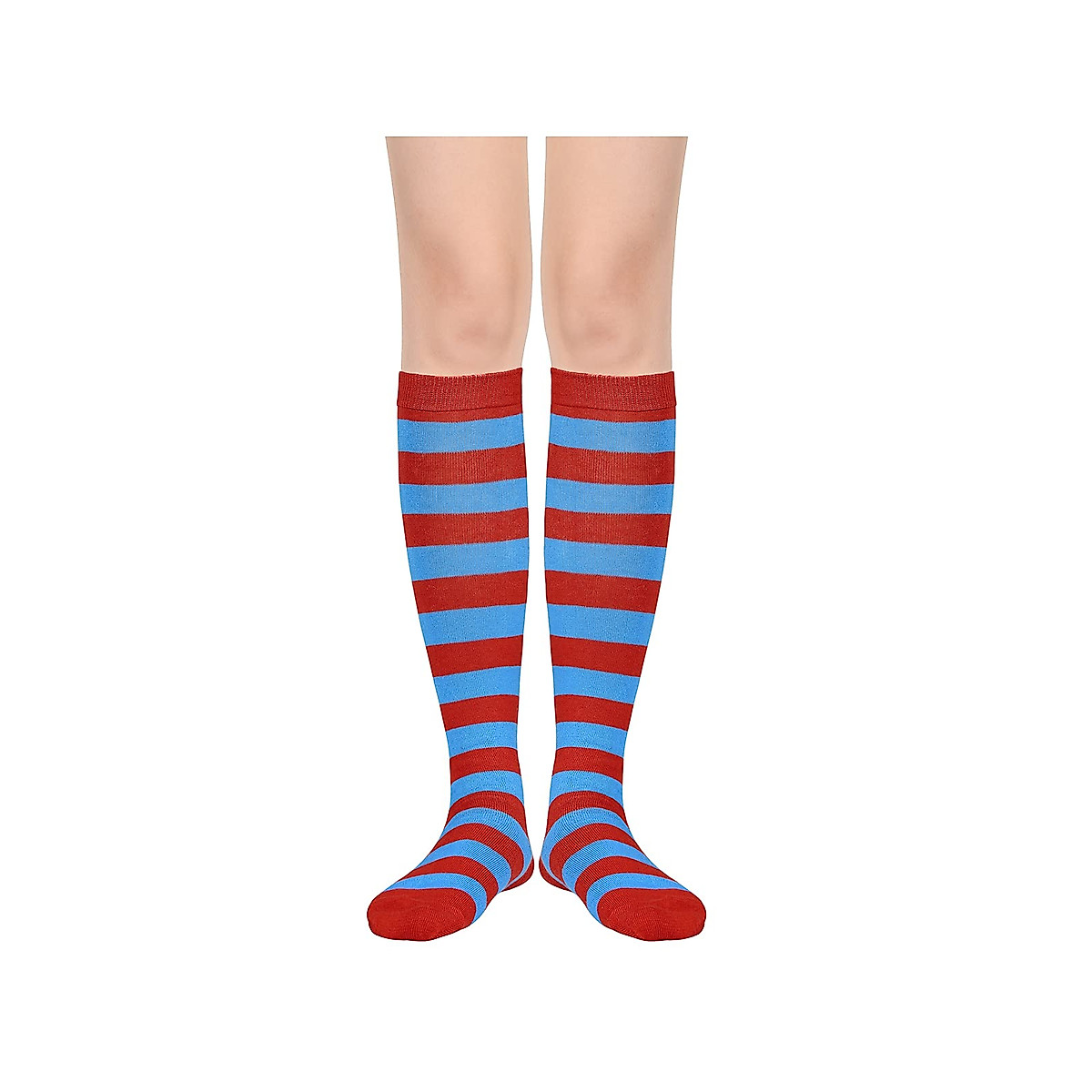 Century Star Women's Knee High Socks Athletic Thin Stripes Tube Socks High Stockings Outdoor Sport Socks 1 Pack Blue Red Stripes One Size