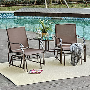 Outsunny Outdoor Glider Chairs with Coffee Table, Patio 2-Seat Rocking Chair Swing Loveseat with Breathable Sling for Backyard, Garden, and Porch, Brown