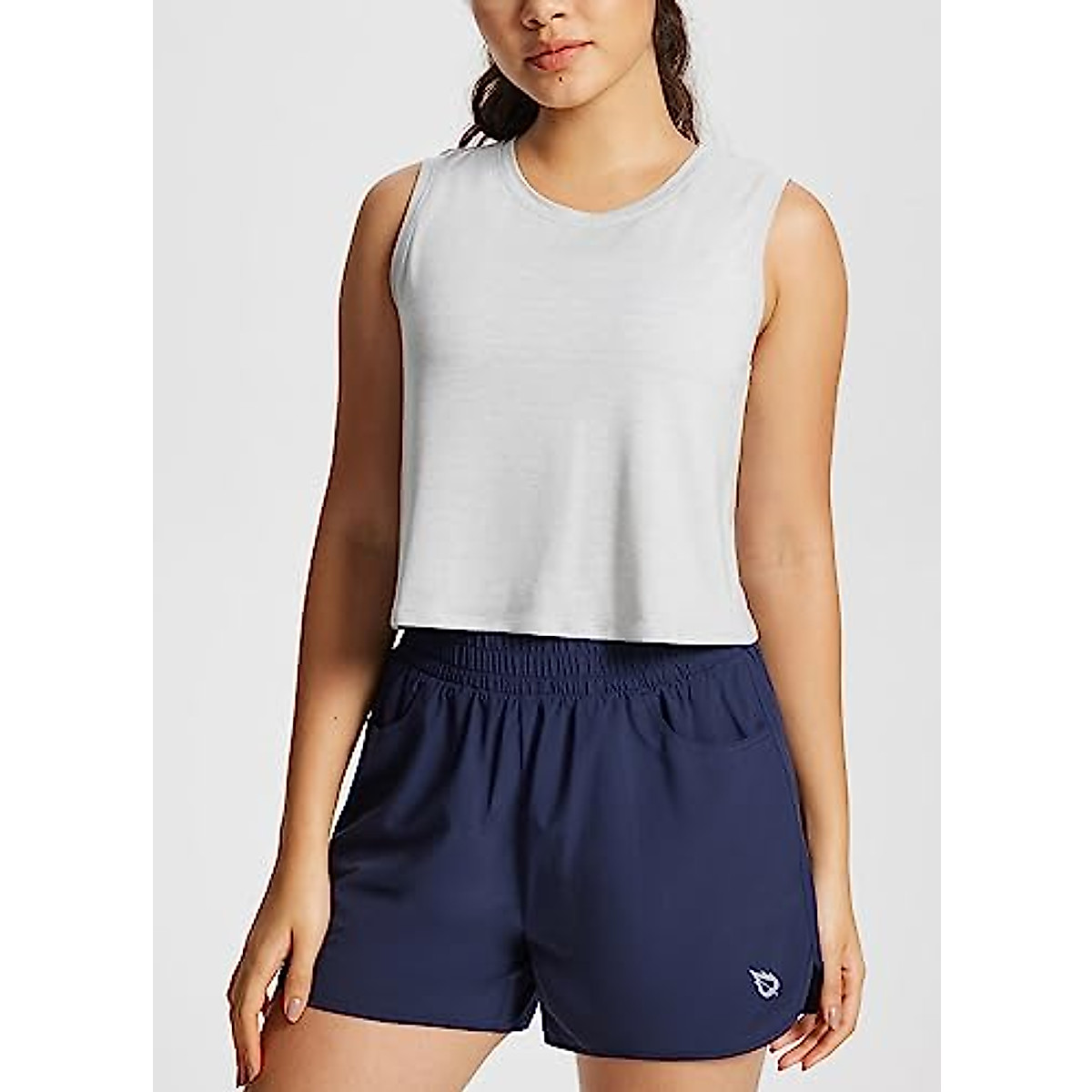 BALEAF Women's Workout Crop Tank Tops Split Back High Neck Sleeveless Shirts Yoga Athletic Heather Gray S