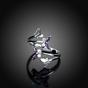 MAIHAO Women's Adjustable Size 925 Sterling Silver Butterfly White Birthstone CZ Butterfly Shape Purple Austrian Crystals Rings