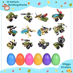 12 Pack Easter Eggs Prefilled with Vehicle Building Blocks, Military Buidling Toys for Easter Eggs Hunt, Easter Party Favors for Kids, Easter Basket Stuffers, Easter Gift Classroom Prizes
