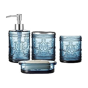 4PCs Dark Blue Glass Bathroom Accessories Set with Decorative Pressed Pattern - Includes Hand Soap Dispenser & Tumbler & Soap Dish & Toothbrush Holder