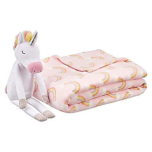 Amazon Basics Kids Unicorns & Rainbows Patterned Throw Blanket with Stuffed Animal Unicorn