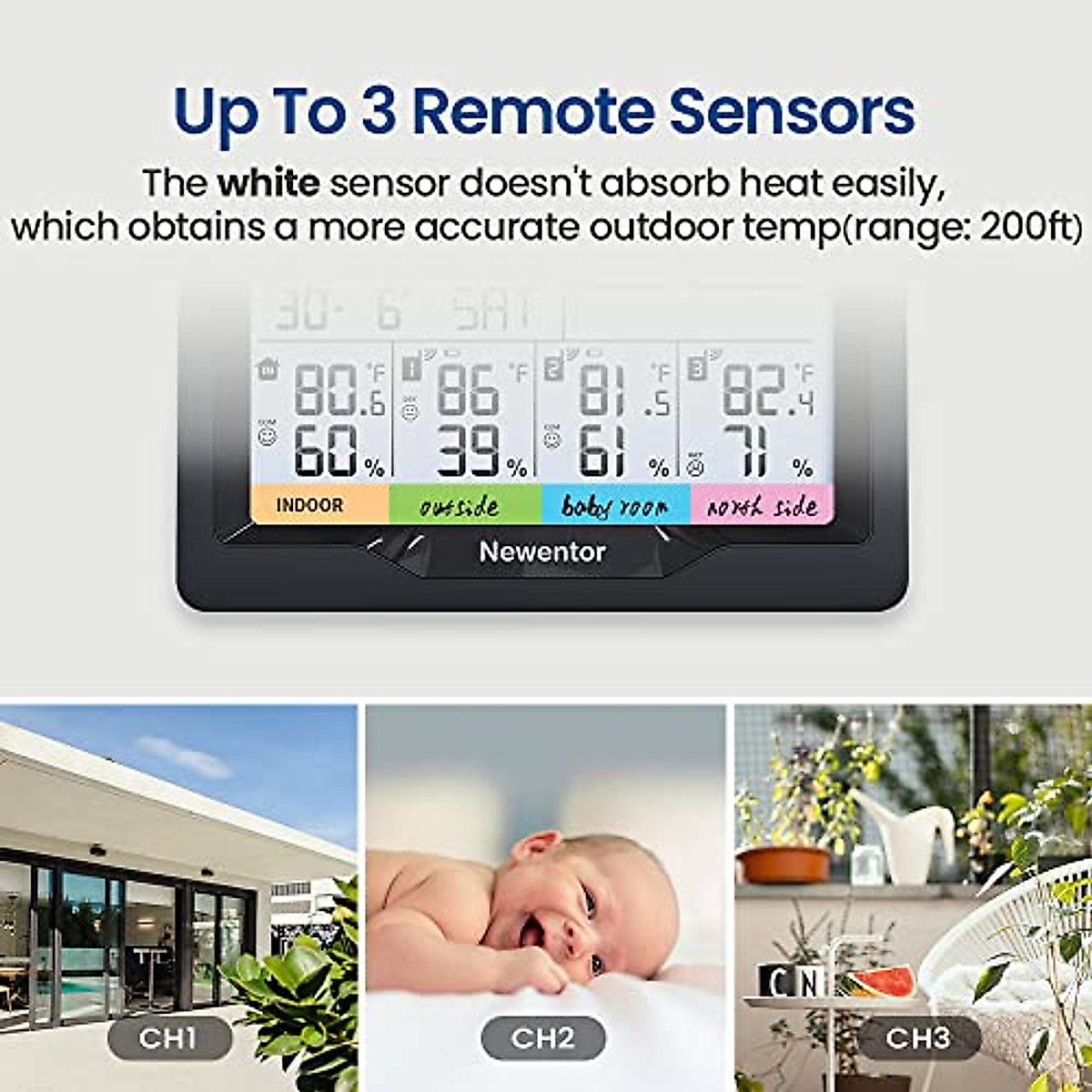 Newentor Weather Station Wireless Indoor Outdoor Multiple Sensors, Digital Atomic Clock Weather Thermometer, Temperature and Humidity Monitor, Forecast Weather Station with Backlight, Black