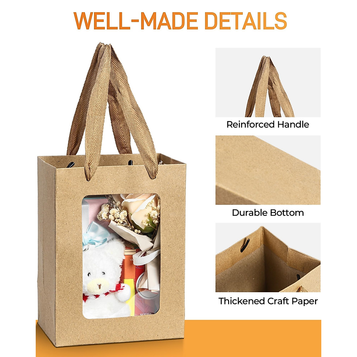 VAGREEZ 15 Pcs Paper Gift Bags with Transparent Window, Kraft Goodie Bags with Handles, Bulk Shopping Bags, Ideal for Halloween, Christmas, Birthday, Wedding, Party Favors, and Bulk Packaging, Brown