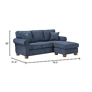 OSP Home Furnishings Rylee Reversible Rolled Arm Sectional Sofa with 2 Pillows and Coffee Finished Legs, Navy Fabric
