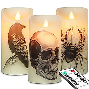 SHYMERY Halloween Decorations Indoor,Halloween Candles with Remote Timer,Skull,Spider Web,Crow Decor Raven Decals,Battery Operated Canldes for Table Witchy Bathroom Kitchen Spooky Home Decoration