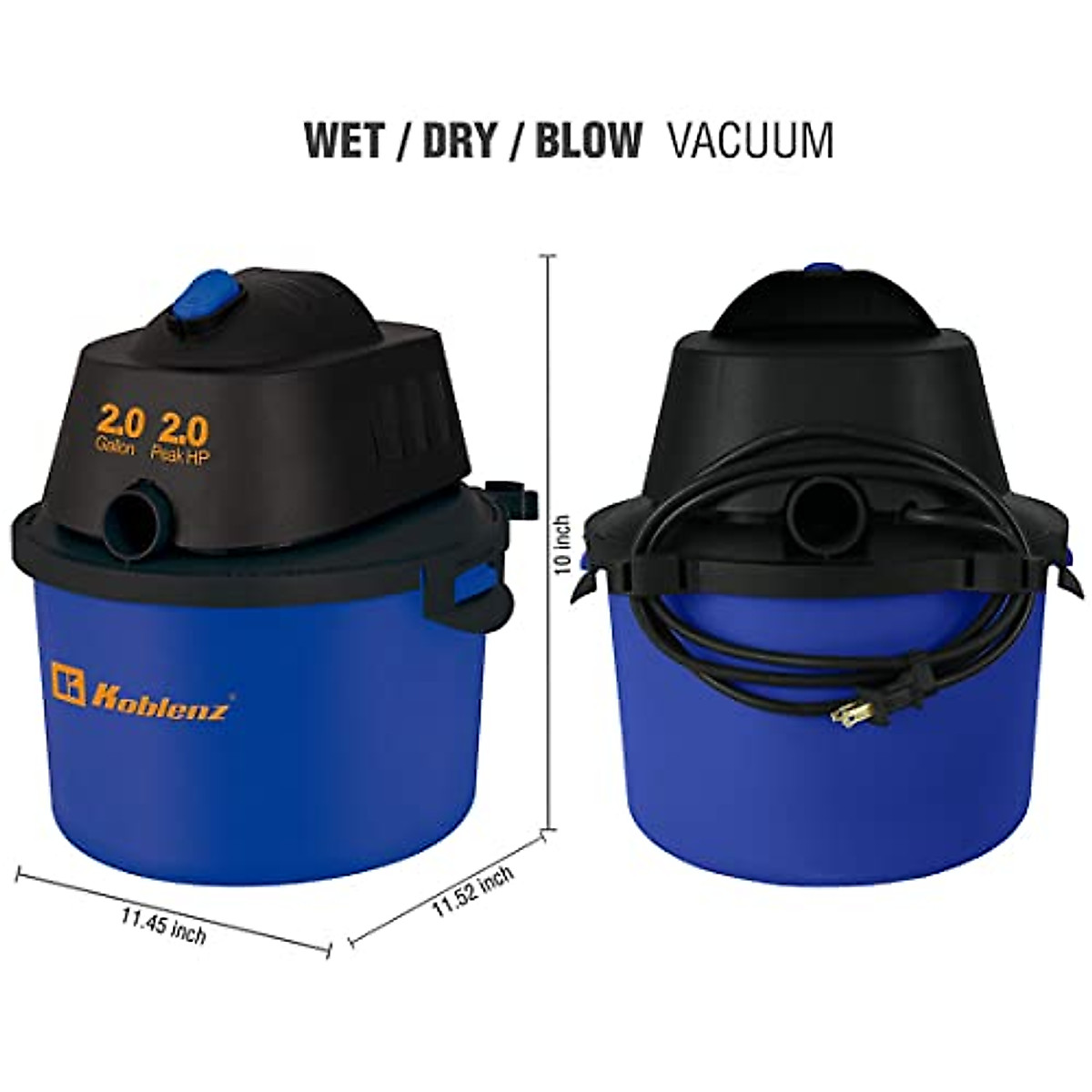 Koblenz WD-2L Portable Wet-Dry Vacuum, 2.0 Gallon/2.0HP Compact Lightweight, Blue+Black 5 Year Warranty
