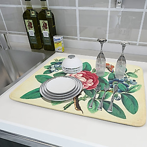 Beautiful Butterfly Flowers Dish Drying Mat Harmonious Nature Design Draining Mats Ultra Absorbent Microfiber Dish Rack Machine Washable and Super Fast Drying Pad for Kitchen Counter