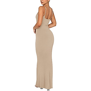 REORIA Women's Sexy Casual Lounge Slip Long Dress Elegant Wedding Guest Sleeveless Backless Ribbed Bodycon Maxi Dresses Khaki X-Large