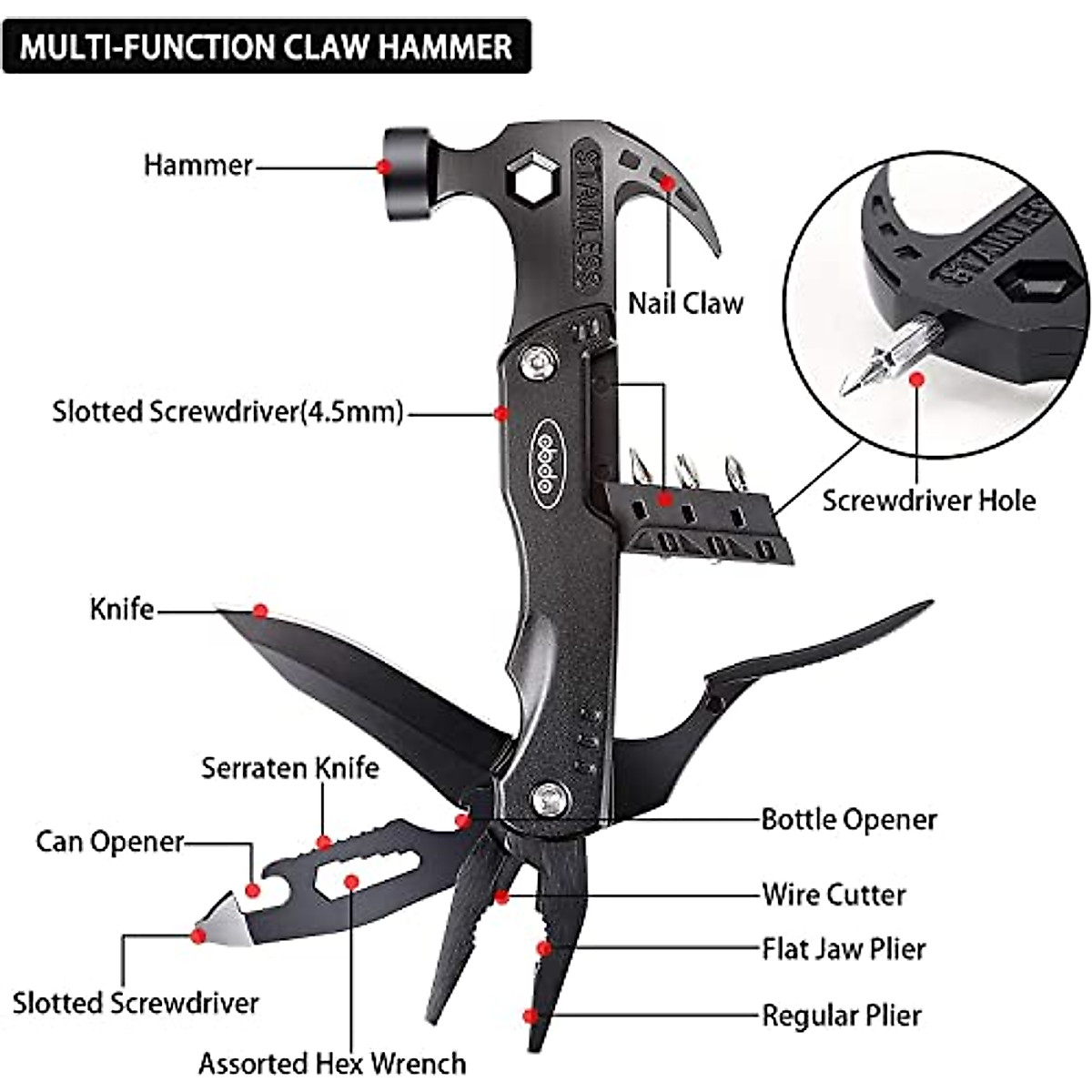 Camping Hammer Multitool Stocking Stuffers for Men Dad, 14 in 1 Mini Hammer Camping Gear Survival Tool for Men, DIY Handyman(hammer)