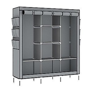 OUMYJIA 69 inches Portable Clothes Closet Wardrobe Non-Woven Fabric Storage Organizer, Side Pockets, Grey, 51 L x 17.5 W x 69 H inches
