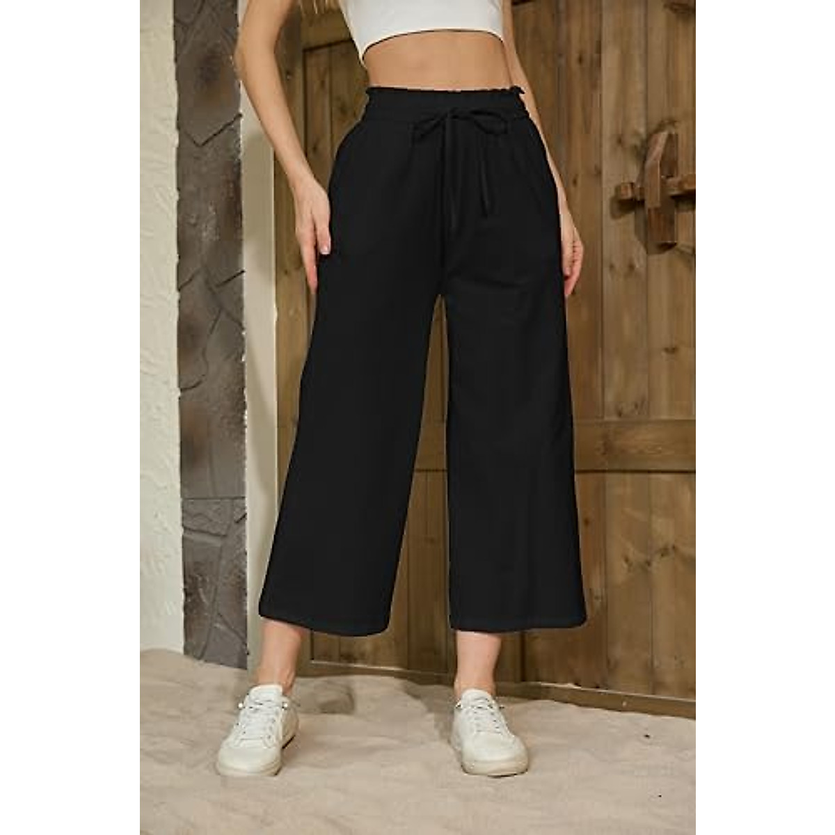 BCOFUI Womens Linen Wide Leg Pants High Waisted Drawstring Baggy Loose Beach Trousers with Pocket