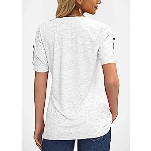 Women's fashion summer pleated button short sleeve T-shirt summer V-neck solid color casual Tunic top White