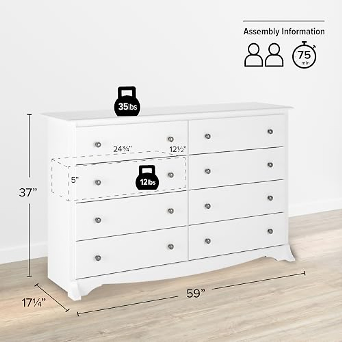 Prepac Sonoma 8 Drawer Double Dresser for Bedroom, Wide Chest of Drawers, Bedroom Furniture, Clothes Storage and Organizer, 17.25" D x 59" W x 37" H, White