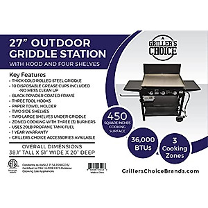 Griller's Choice Outdoor Griddle Grill Propane Gas Flat Top - Hood Included, 4 Shelves, Disposable Grease Cups, 36,000 BTU's, Large Cooking Area, Paper Towel Holder.