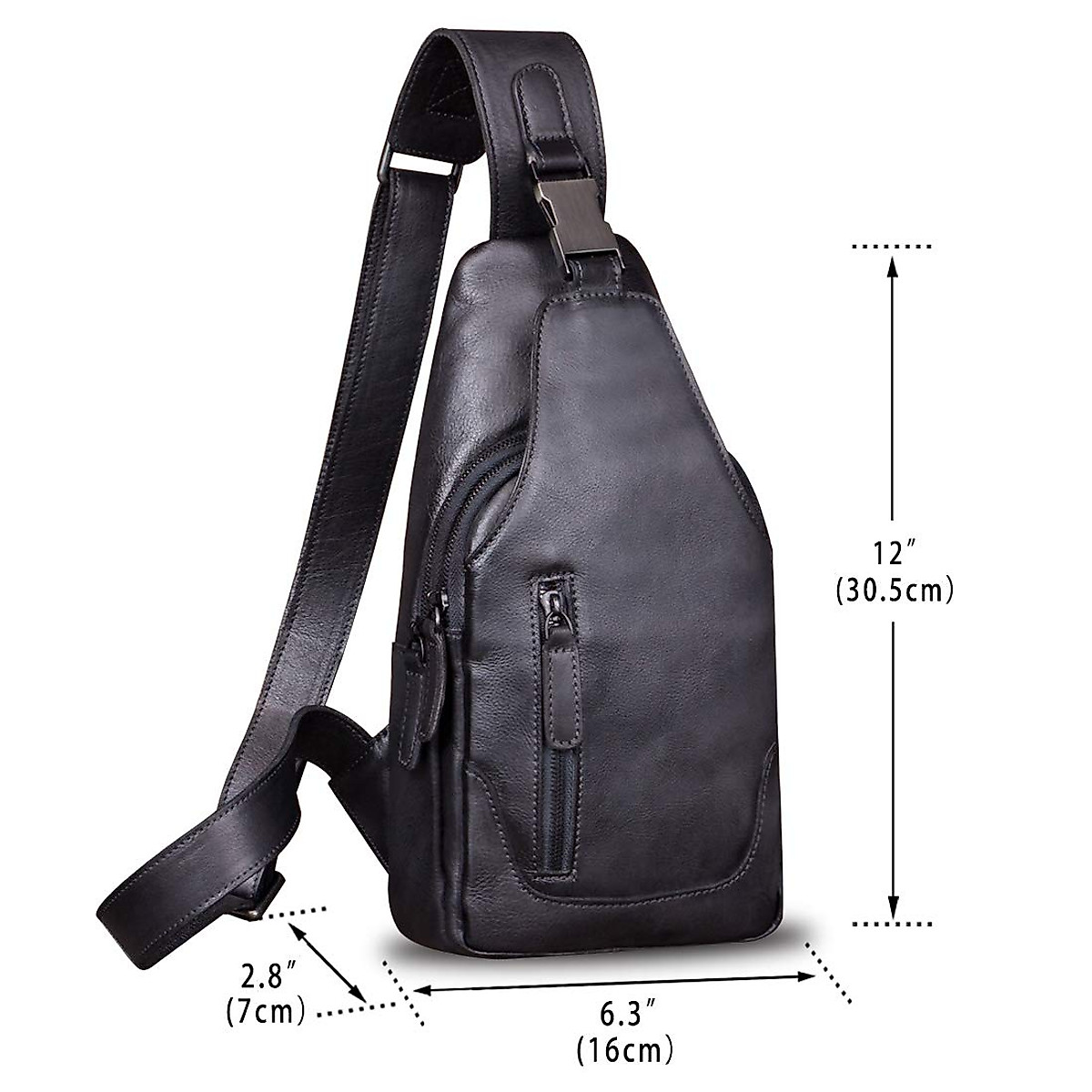 Genuine Leather Sling Bag for Men Chest Shoulder Crossbody Hiking Backpack Vintage Handmade Daypack (Black)