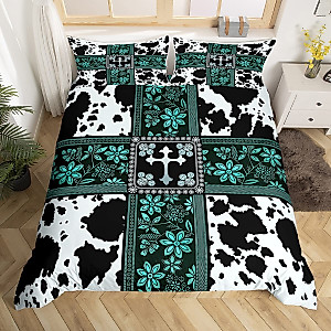 Erosebridal Cow Print Bedding Queen Floral Turquoise Decor Comforter Cover Western Cow Decor Duvet Cover Vintage Farmhouse Style Bedding Set Rustic Milk Cow Print Bedspread Cover,Black Green 3Pcs