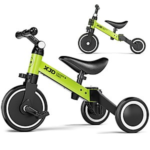 ﻿XJD 5 in 1 Toddler Bike, Tricycle for Toddlers 1-3 with Adjustable Seat Height, Removable Pedals, Ideal Balance Bike Birthday Gifts and Toys for Boys and Girls (Green)