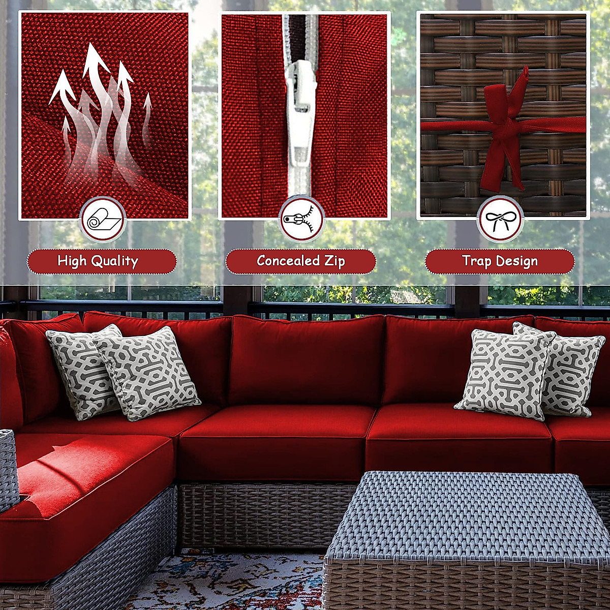 VKETU Patio Cushion Covers Replacement, Outdoor Sectional Couch Waterproof Cushion Cover, Square Patio Slipcovers with Zipper for Sectional Rattan Garden Furniture (Red, 12 pc)