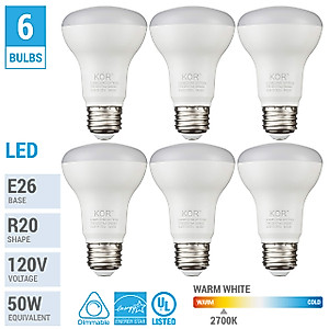 KOR (6 Pack) 7W LED R20 Reflector Light Bulb (50W Equivalent), Dimmable, 550 Lumens, UL & Energy Star, Standard E26 Base, BR20 LED Flood Light Bulbs for Recessed Can Use (2700K (Warm White))