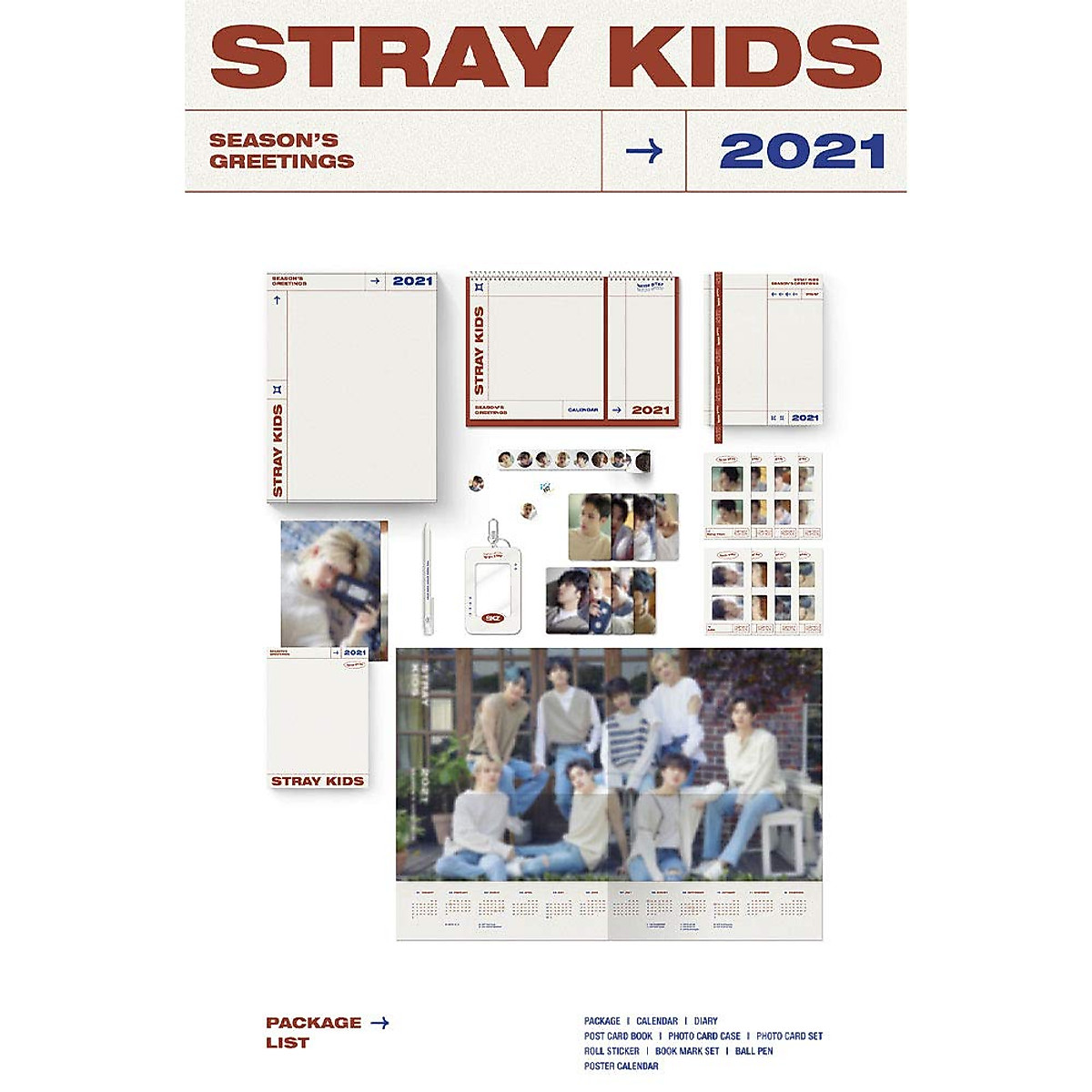 Stray Kids 2021 Seasons Greetings (Incl. Package, Calendar, Diary, Post Card Book, Photocard Set, Roll Sticker, Book Mark Set, Ball Pen, Poster Calendar, Random Instant Photocard)