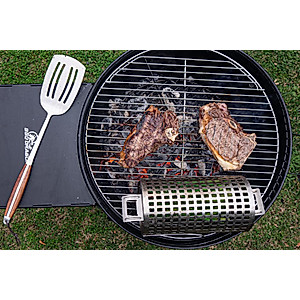 BBQ Dragon | Rolling Grill Basket | Food Grade Stainless Steel Grilling Basket | 13.5”x5.6” Cylinder | Vegetables, Shrimp, Fish, Chicken Wings | Snap Close Lid | Dishwasher Safe | Grilling Accessory