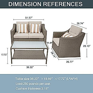 SOLAURA Patio Furniture Set Outdoor Conversation Set All Weather Wicker Furniture 4 Pieces Sectional Sofa Set with Tempered Glass Coffee Table-Gray