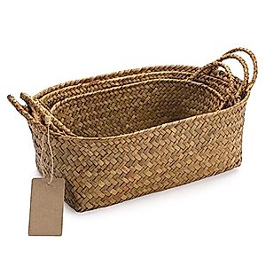 Seagrass Woven Baskets for Storage Natural Shelf Basket with Handle for Organizer Stackable Oval Set of 3 (Large+Medium+Small)