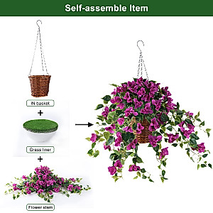 INQCMY Artificial Flowers Hanging Basket with 4 Branches Bougain Villea Silk Vine Flowers for Patio Lawn Decor,Artificial Hanging Plant in Coconut Lining Basket for Outdoor Indoor(Purple)