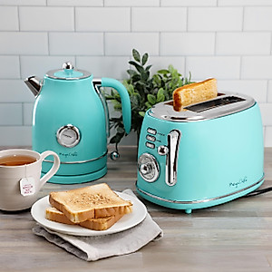 MegaChef 1.7 Liter Electric Tea Kettle and 2 Slice Toaster Combo (Turquoise)