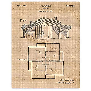 Vintage Frank L Wright House Design Patent Prints, 1 (11x14) Unframed Photos, Wall Art Decor Gifts Under 20 for Home Office Garage Man Cave Engineer College Student Teacher Architect Construction Fans