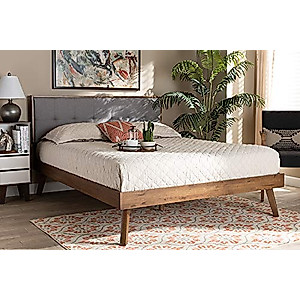 Baxton Studio Alke Mid-Century Modern Light Grey Fabric Upholstered Walnut Brown Finished Wood King Size Platform Bed