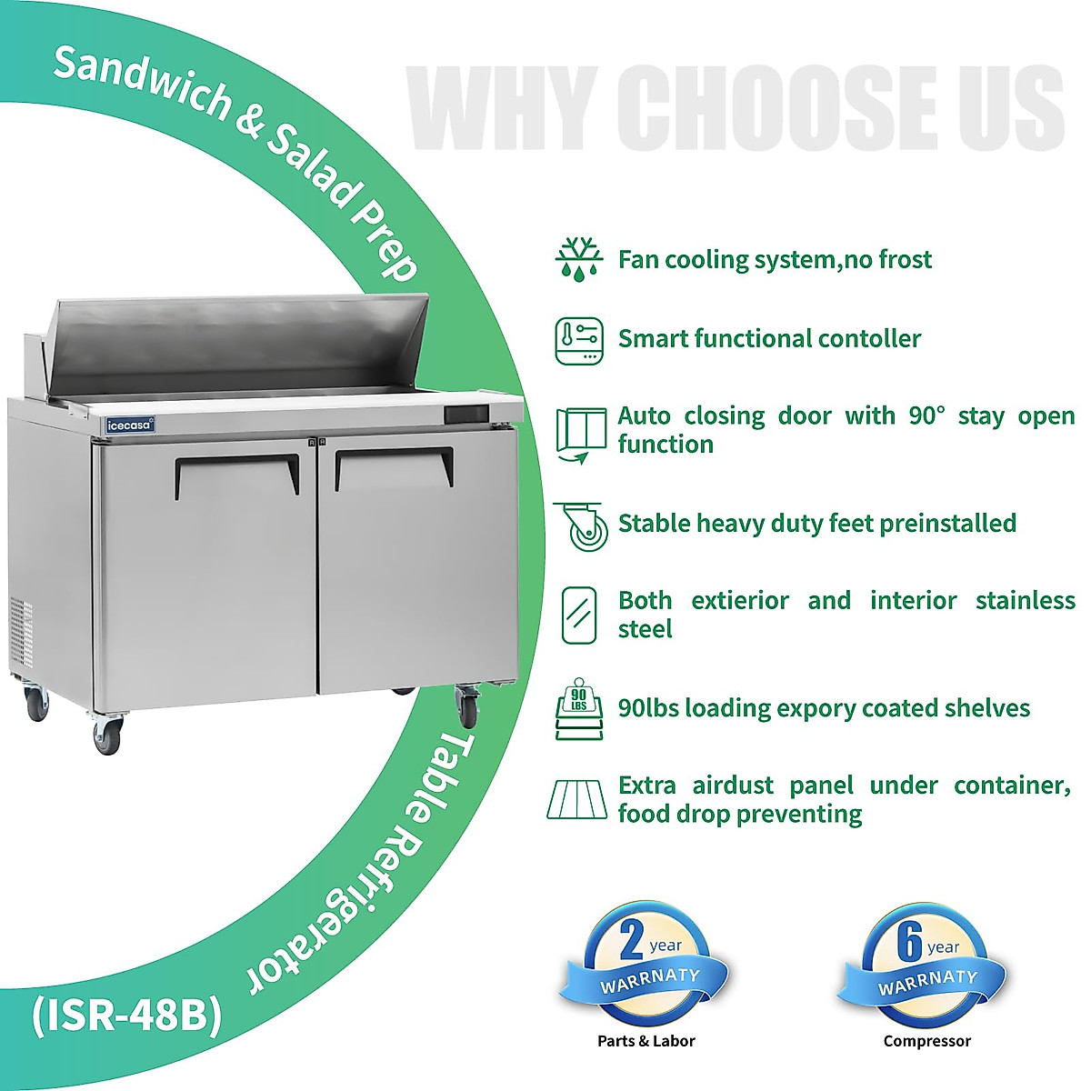 ICECASA 48" W Commercial Refrigerator Sandwich&Salad Prep Table 2 Door Stainless Steel Counter Fan Cooling Refrigerator with 12 pans-48 Inches for Restaurant, Bar, Shop, etc