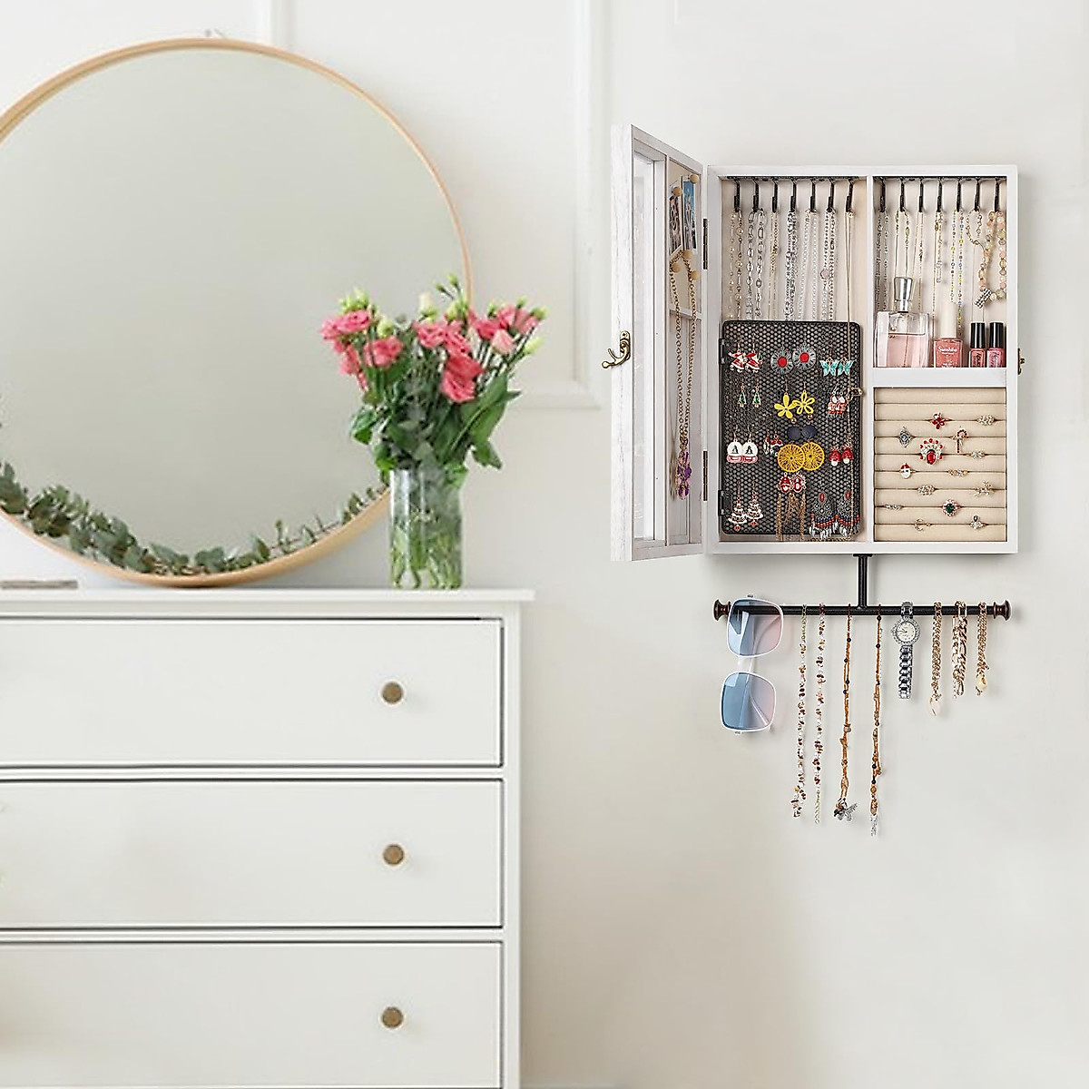 Keebofly Wall Mounted Jewelry Organizer With Rustic Wood Large Space Jewelry Cabinet, Holder, Storage Box for Necklaces, Earrings, Bracelets, Ring Holder, and Accessories White