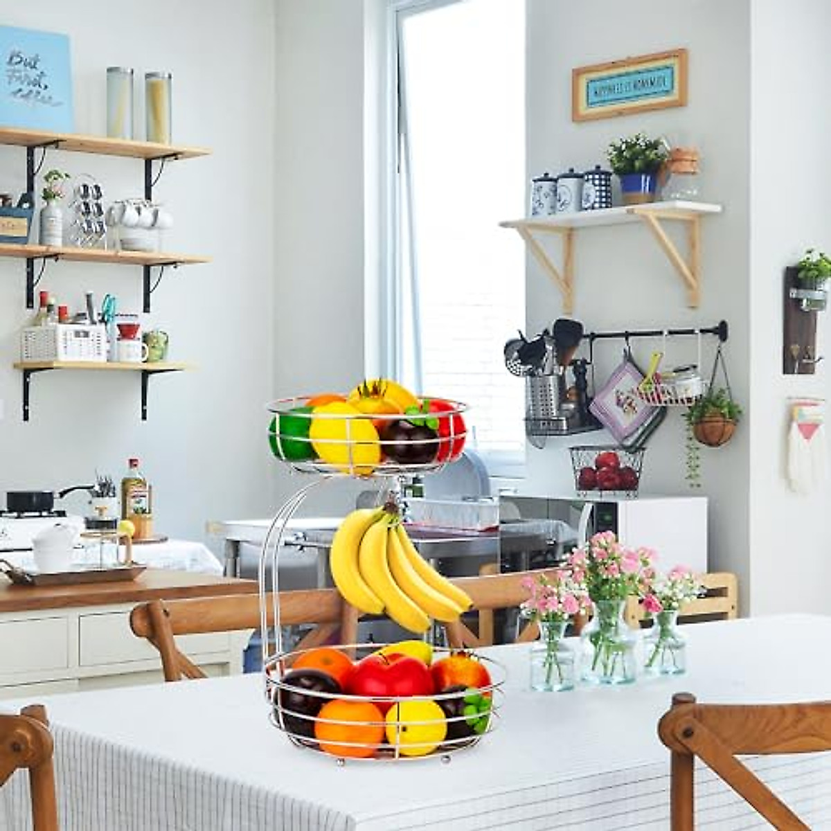 Bextsrack 2-Tier Countertop Fruit Basket Bowl with Banana Hanger, Metal Wire Fruits Stand Holder Storage Organizer for Kitchen, Silver