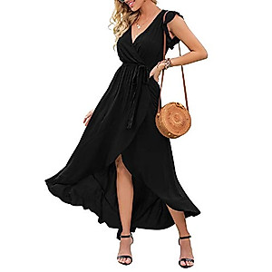 GRECERELLE Women's Summer Casual Cross V Neck Dress Bohemian Flowy Long Maxi Dresses Black-Large