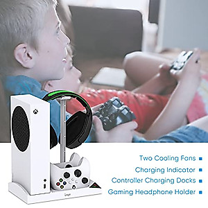 Upgraded Vertical Cooling Fan Stand for Xbox Series S, Cooler Fan System Dual Controller Charging Dock Station with 2 x 1400mAh Rechargeable Battery Pack, Headphone Bracket for Xbox Series S (White)