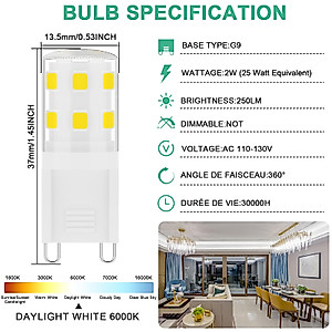 SNBIHIBE G9 LED Bulb 2W,25W Halogen Light Bulbs Equivalent 250LM,120V Mini T4 G9 Bi-Pin Base 6000K Daylight White,No Flicker, for Bathroom, Vanity, Ceiling Lamp, Home Lighting 5Pack