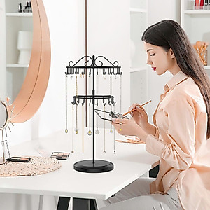 iDavosic.ly 2 Tier Rotating Necklace Organizer, Adjustable Metal Necklace Holder with 42 Hooks, Extra Tall Bracelet Keychain Spinning Display Stand Tree Tower for Women Girl, Black
