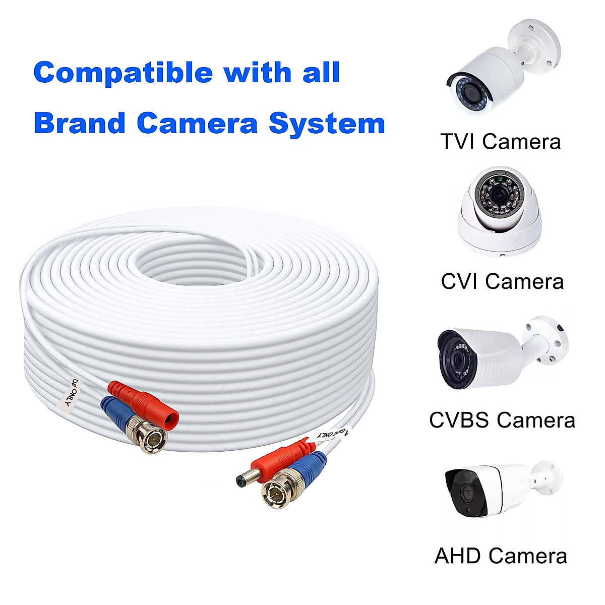 Aimyzii BNC Cable 200ft 4 Pack BNC Video Power Cable,Security Camera Cable for CCTV Camera DVR Security Systems(Included 8X BNC Adapters,100 Pcs Cable Clips)-White