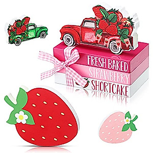 5 Pcs Books Bundle with Truck Summer Wooden Tiered Tray Decor Mini Wooden Decorative Books Stack with Twine Fresh Decor Rustic Truck Decor Rustic Farmhouse Home Kitchen Decor(Strawberry)