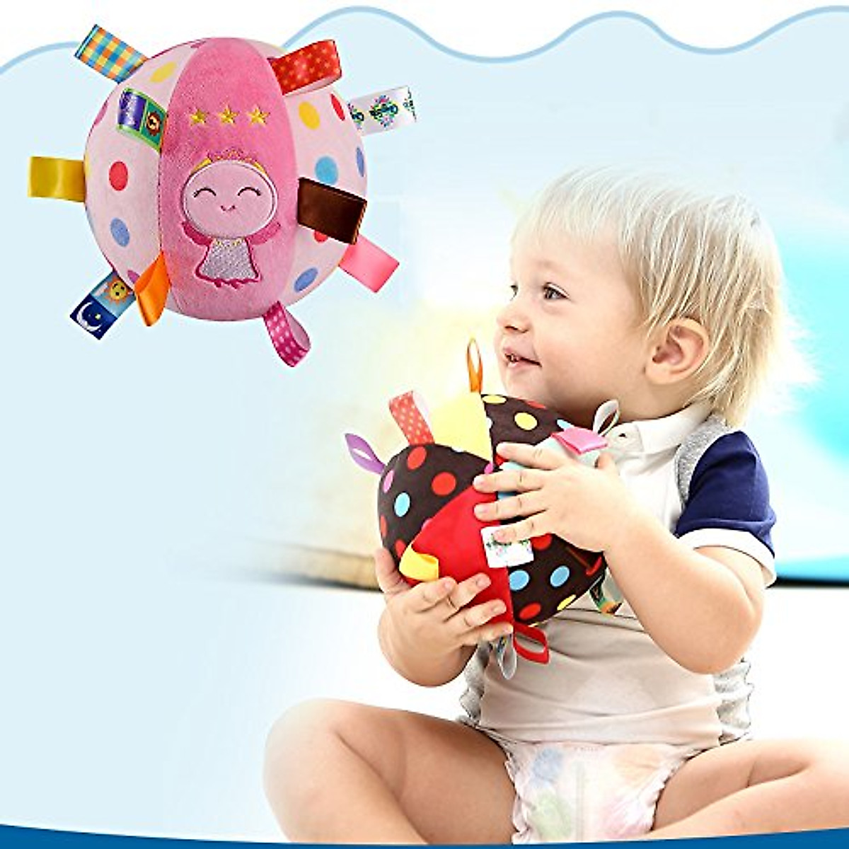 Inchant Soft Rattle Ball for Babies - Toddler Plush Sensory Built-in Bell Gift Ball with Colorful Tags, Pink