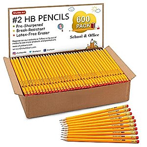 Shuttle Art Wood-Cased #2 HB Pencils, 600 Pack Sharpened Yellow Pencils with Erasers, Bulk Pack Graphite Pencils for School and Teacher Supplies, Writhing, Drawing and Sketching